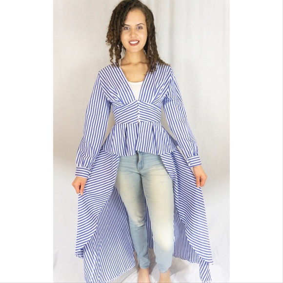 CBR | Jackets & Coats | Cbr Blue And White Striped High Low Duster ...